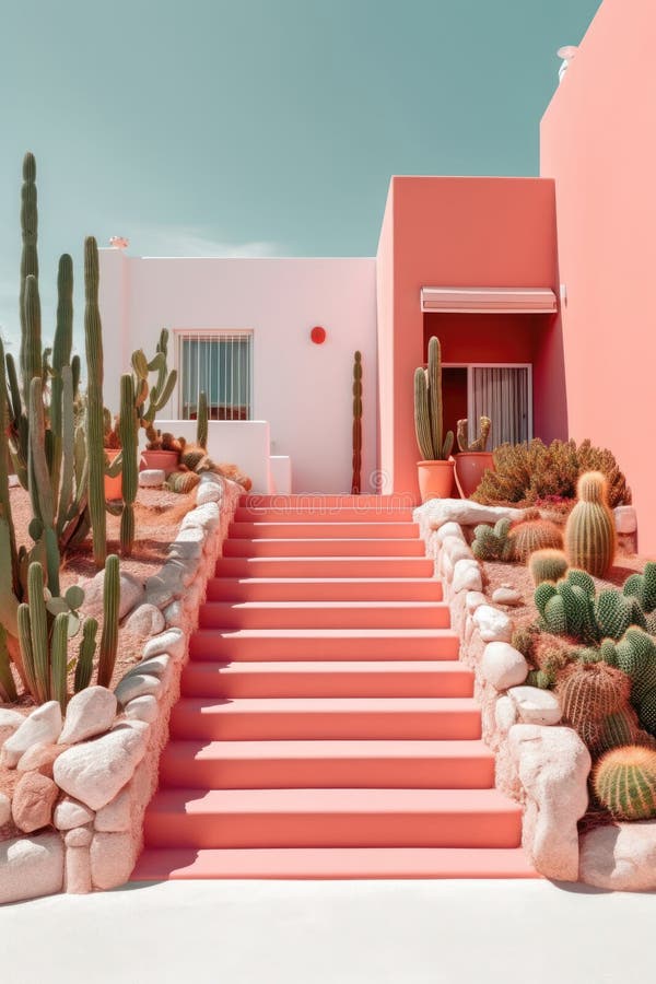 Vibrant Pink House with Cacti on Stairs. Generative AI Stock ...