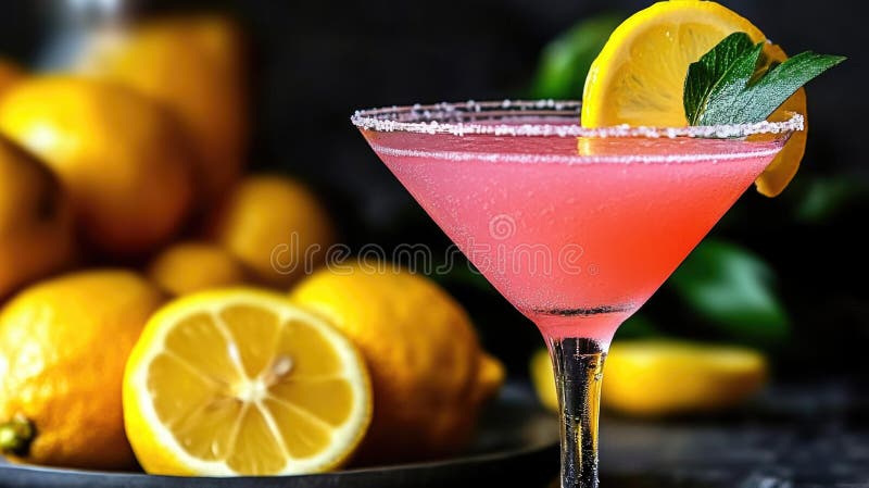 Vibrant Pink Lemon Martini with Lemon Garnish and Sugar Rim Stock Photo ...