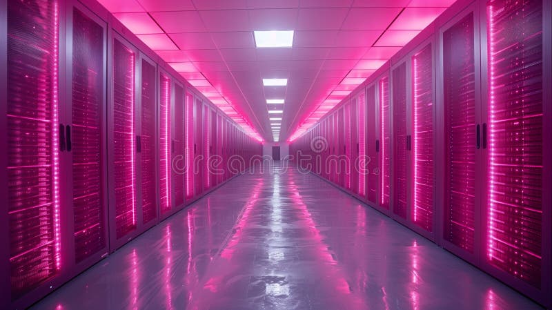 Vibrant Pink Lighting Illuminates High-Tech Data Center Hallway during ...