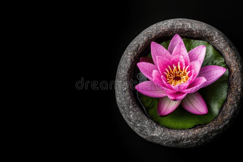 Vibrant Pink Lotus Flower in Stone Basin Stock Illustration ...