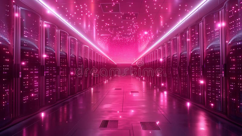 Vibrant Pink Neon Data Center Interior with Servers Illuminated at ...