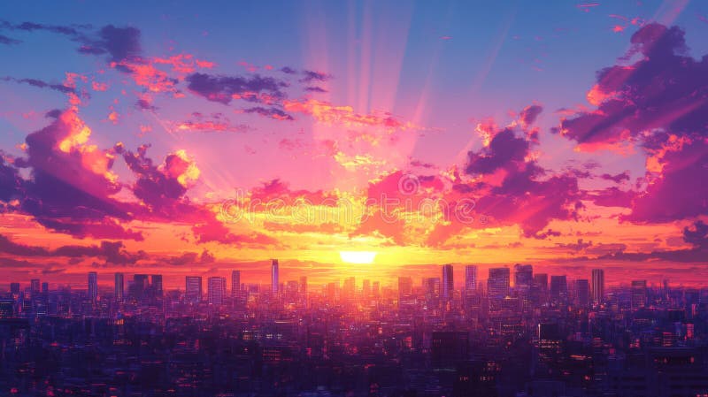 Vibrant Pink and Orange City Sunset Skyline Stock Illustration ...