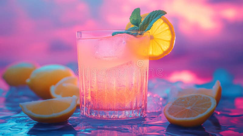 Vibrant Pink and Purple Cocktail with Lemon and Mint Stock Illustration ...