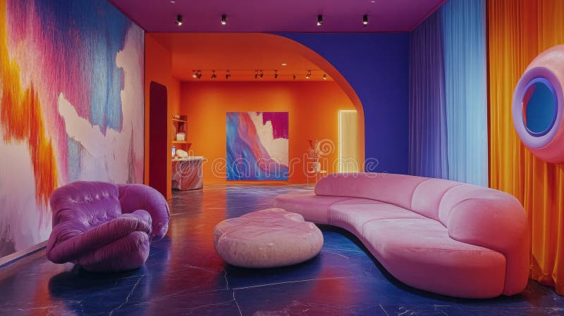 Vibrant Pink and Purple Modern Lounge Interior with Abstract Art Stock ...