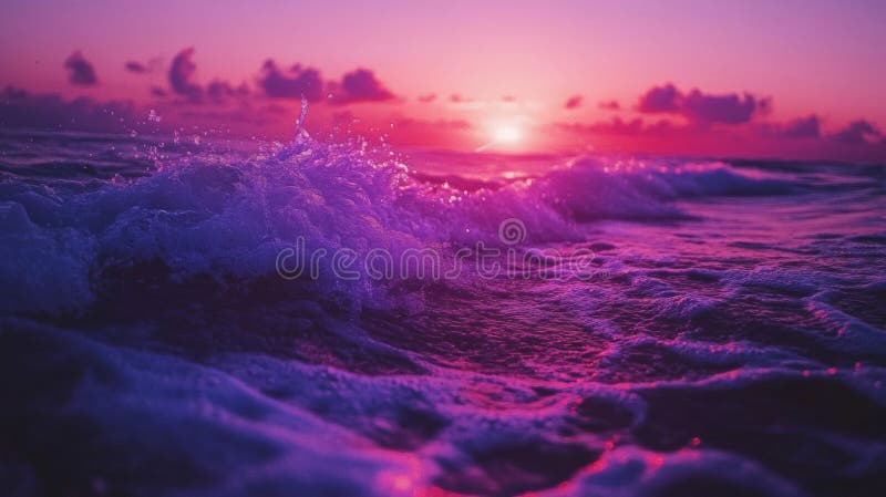 Vibrant Pink and Purple Ocean Sunset with Waves Stock Illustration ...