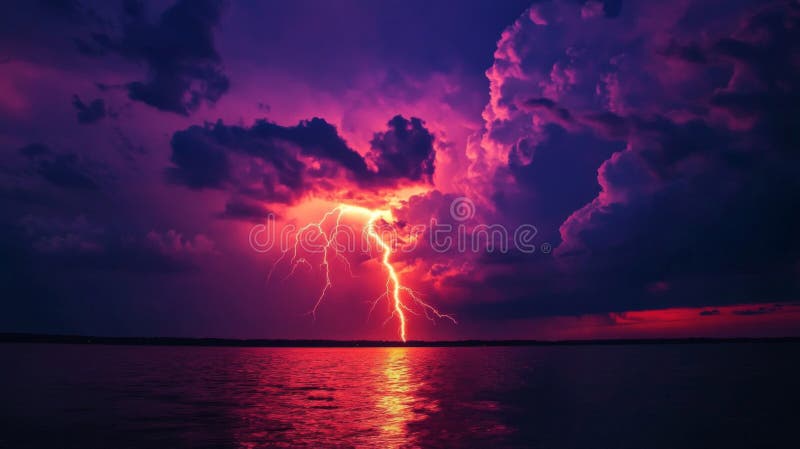 Vibrant Pink and Purple Storm Clouds with Red Lightning Over Dark Water ...