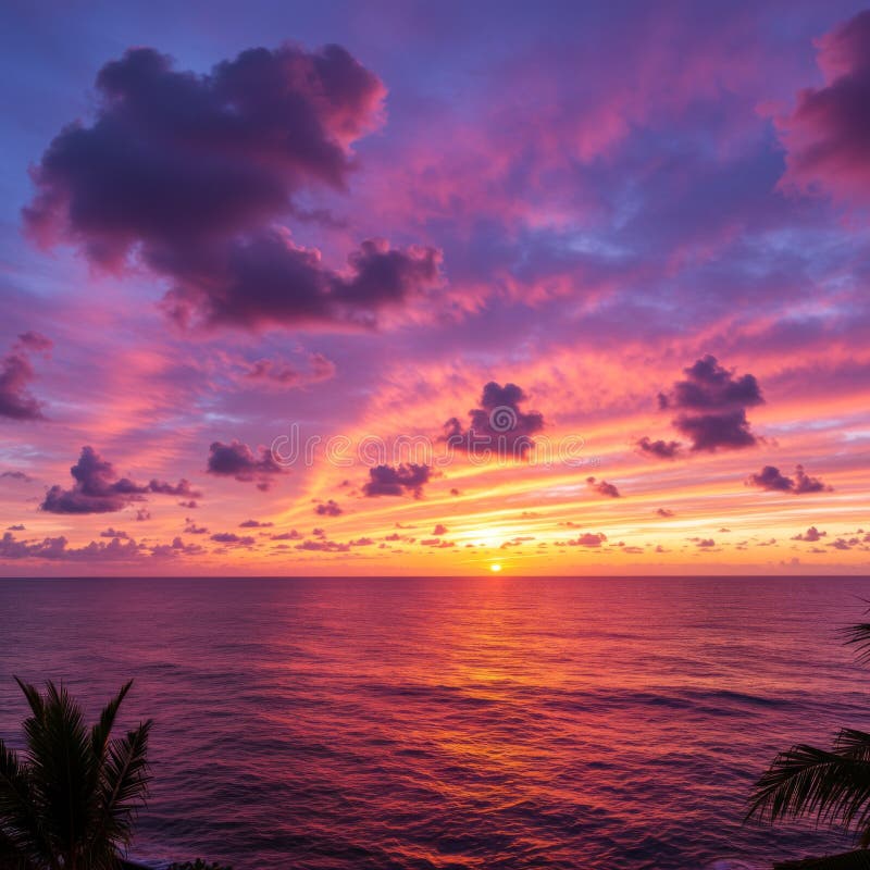 Vibrant Pink and Purple Sunset Over Tropical Ocean Stock Illustration ...