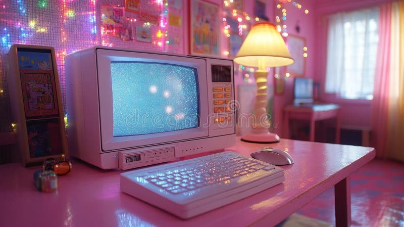 Vibrant Pink Retro Computer with Colorful Lighting and Sparkling Screen ...