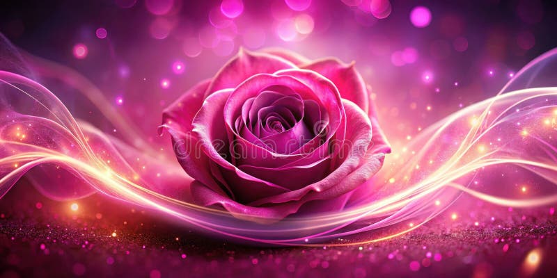 A Vibrant Pink Rose Blossom with Glowing Abstract Waves and Shimmering ...