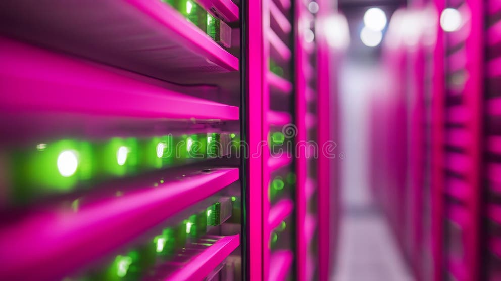 Vibrant Pink Server Rack Luminous Green Lights and Data Center Depth ...