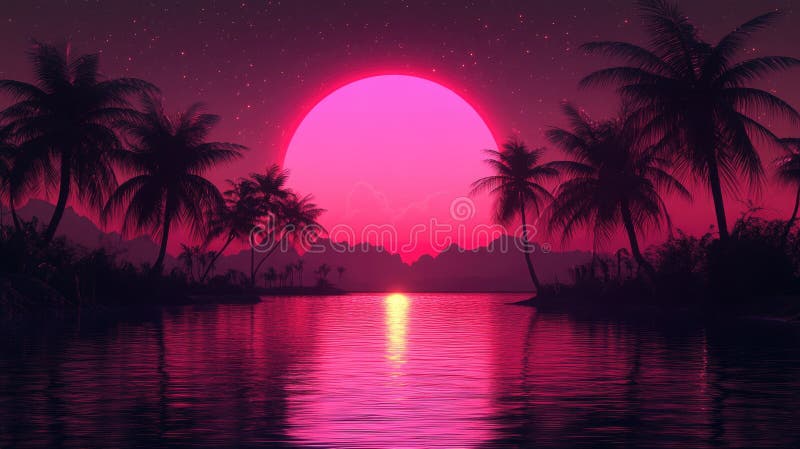 Vibrant Pink Sunset Over Tropical Beach with Silhouetted Palm Trees ...