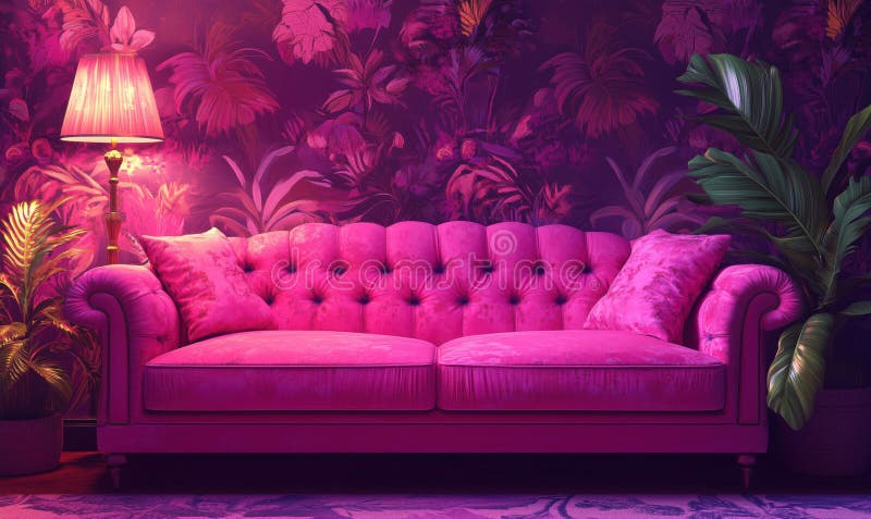 Vibrant Pink Tufted Sofa in Lush Tropical Themed Interior with Ambient ...