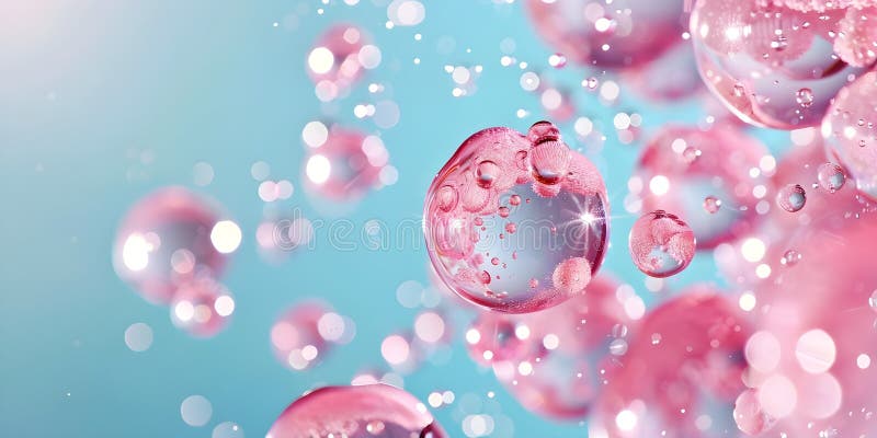 Vibrant Pink Water Molecules on Blue Background Skincare Concept ...