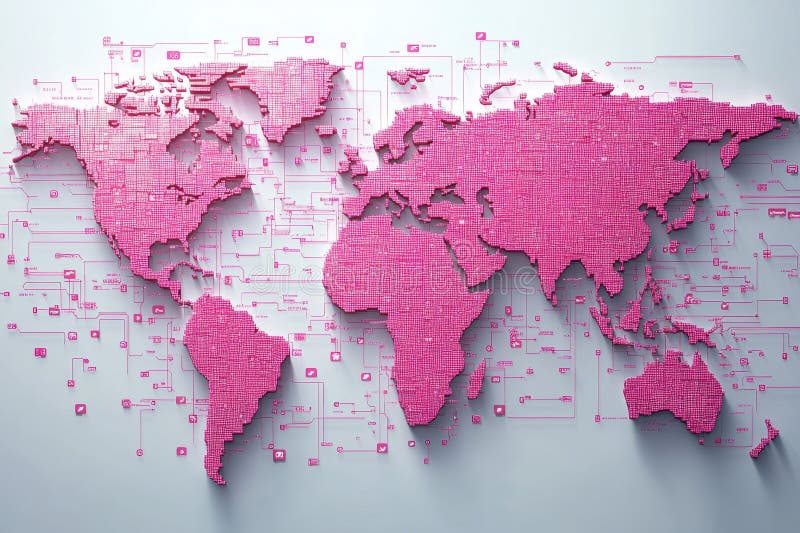 World Map Represented in Pink, Showcasing Technology and Connectivity ...