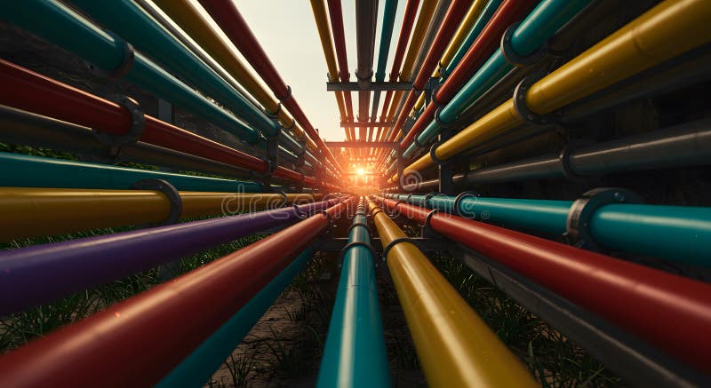 Colorful Pipeline Network at Sunset Industrial Infrastructure ...