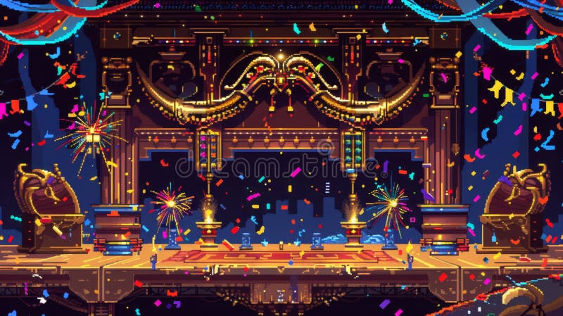 Vibrant Pixel Art Celebration with Fireworks at a Grand Theater Stock ...