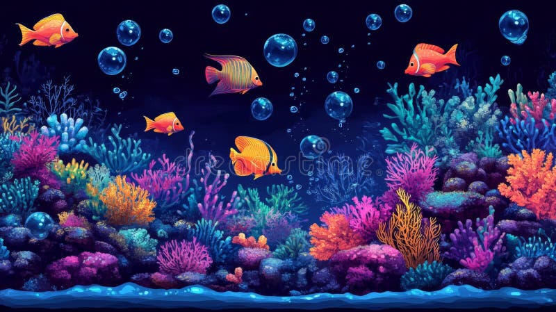 Vibrant Pixel Art Coral Reef with Colorful Fish Stock Illustration ...