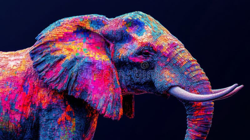 Vibrant Pixel Art Elephant Profile Against Dark Background Stock ...