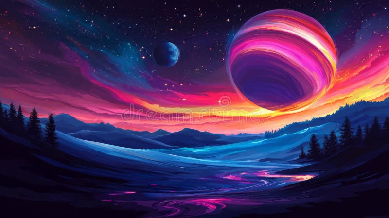Vibrant Pixel Art Landscape with Pink and Purple Planet Stock ...