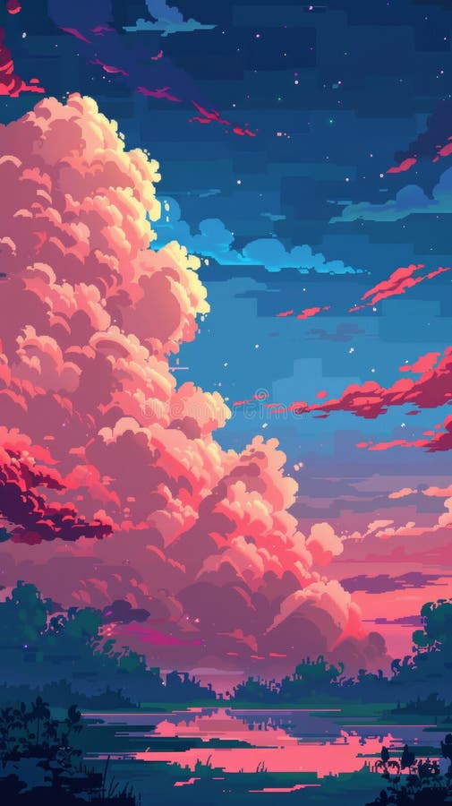 Vibrant Pixel Art Landscape with Sunset Clouds Stock Image - Image of ...