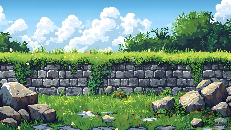 Vibrant Pixel Art Meadow Landscape with Stone Wall and Fluffy Clouds ...