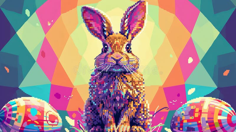 Vibrant Pixel Art Rabbit with Easter Eggs in Geometric Design Stock ...
