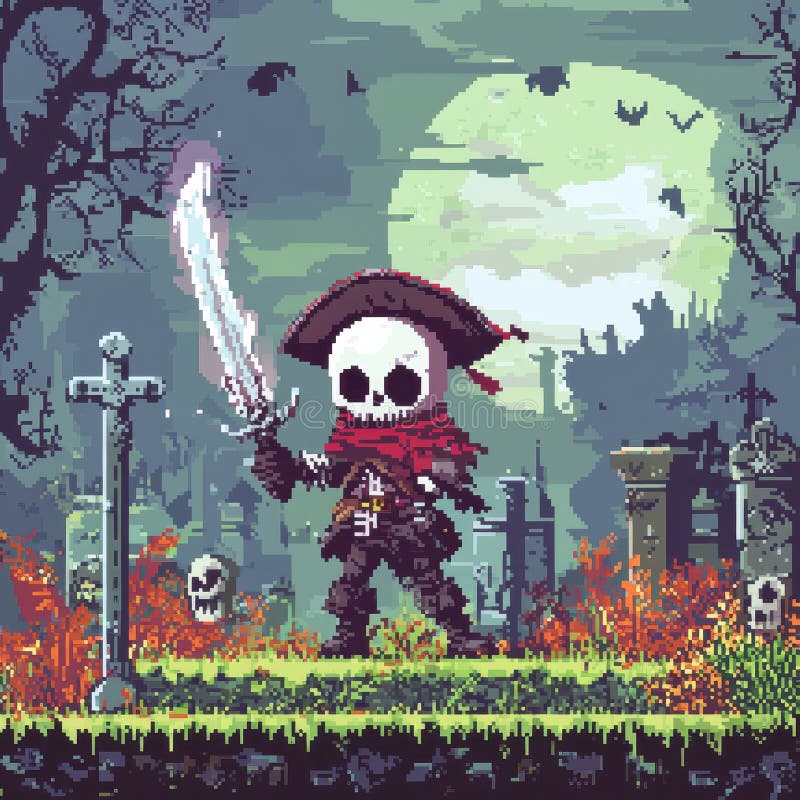 Spooky Pixel Art Character in Graveyard with Sword, Surrounded by ...