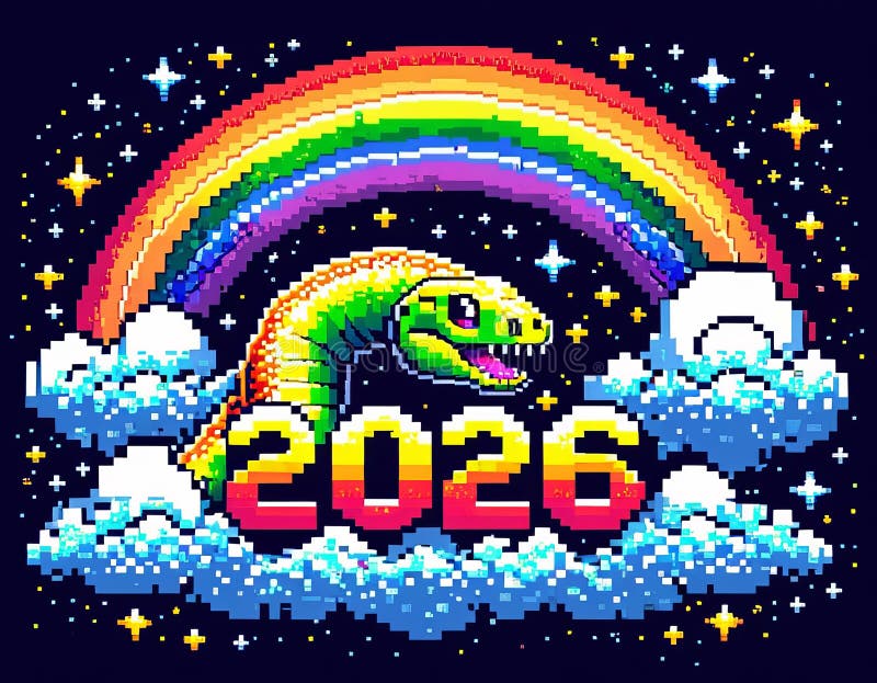 Vibrant Pixel Art Snake with Rainbow and Stars for 2026 Celebration ...