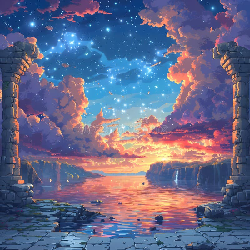Vibrant Pixel Art of a Tranquil Island Landscape with a Warm Sunset Sky ...