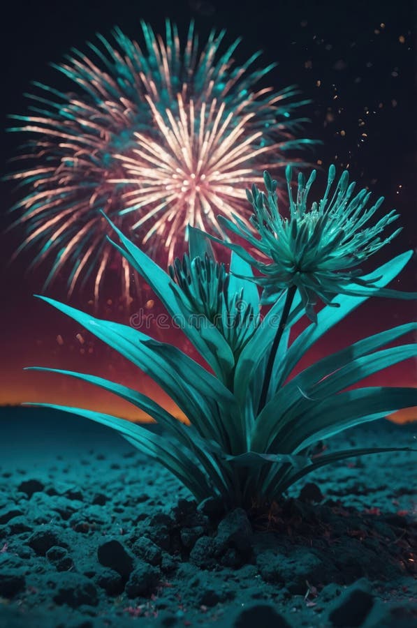 Vibrant Teal Flower Blooming Under Fireworks at Night Stock ...