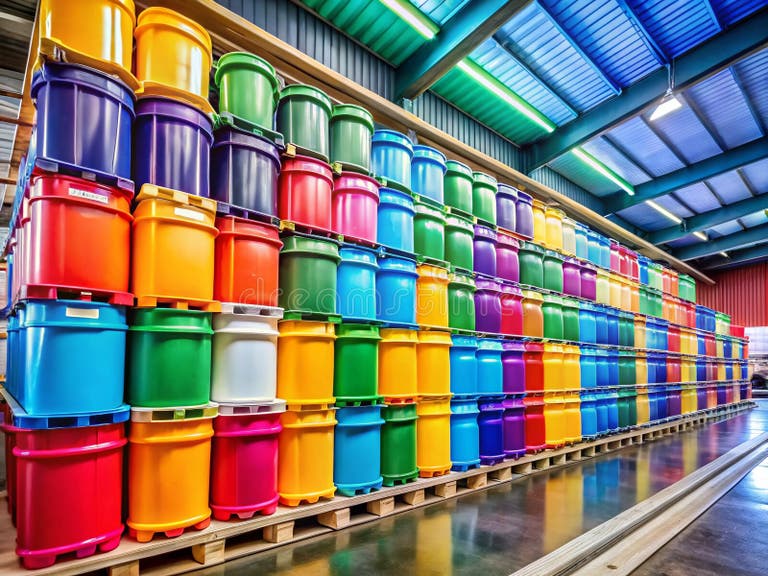 Vibrant Plastic Storage Containers Stacked High in a Warehouse ...