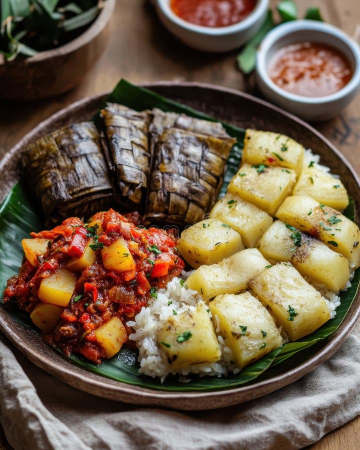 A Vibrant Plate of Assorted Dishes Featuring Rice, Plantains, and a ...