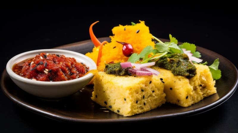 Vibrant Plate of Spicy Dhokla with Chutney Stock Illustration ...