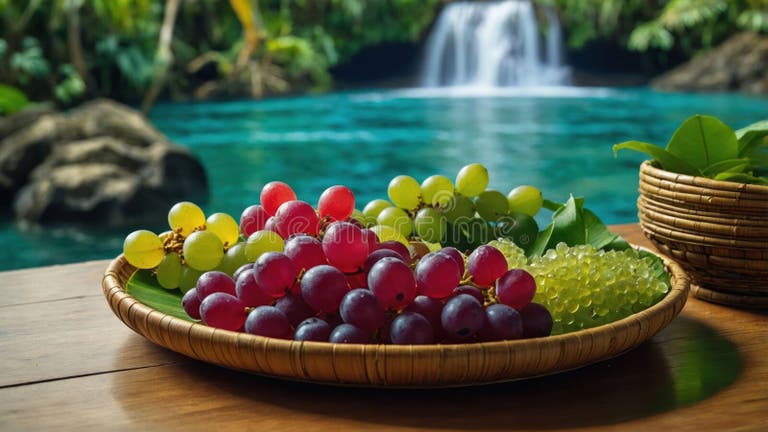 Refreshing Grapes by the Waterfall Pool Stock Illustration ...