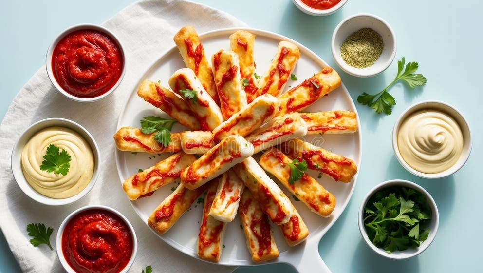 Vibrant Platter of Mozzarella Sticks with Dips and Garnishes Stock ...