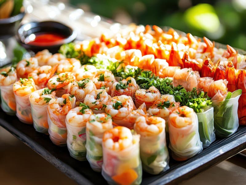 A Vibrant Platter of Sushi and Spring Rolls, Showcasing Fresh ...