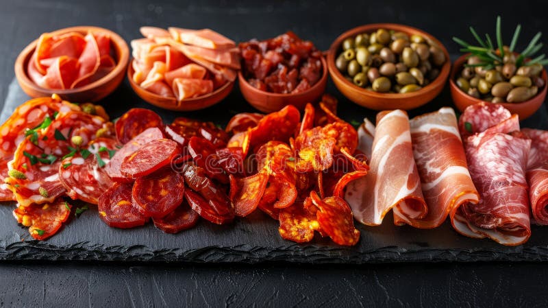 Traditional Spanish Tapas Platter with Cured Meats and Olives Served at ...