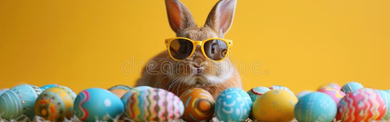 Cool Easter Bunny with Sunglasses and Colorful Eggs on Table - Fun ...