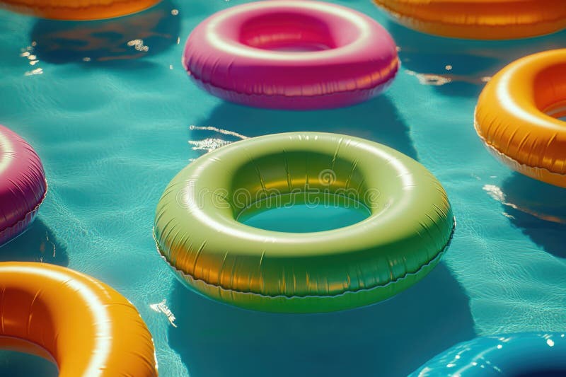 A Vibrant and Playful Scene Featuring Multiple Colorful Inflatable Pool ...