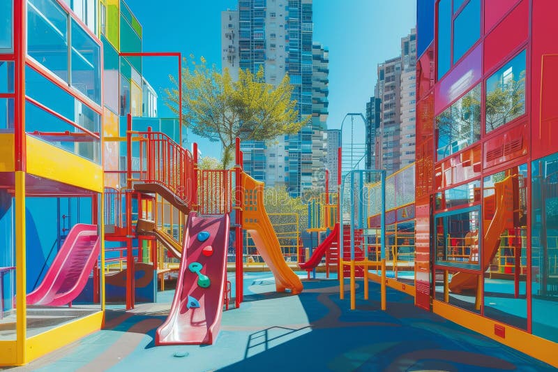 A Vibrant Playground Features Bright Climbing Structures and Slides ...