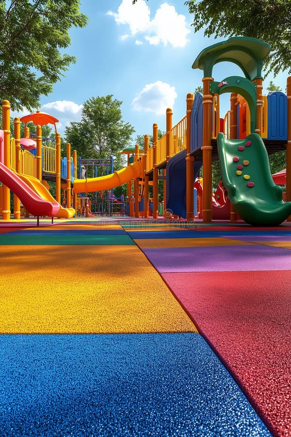 A Colorful Playground with Slides and Climbing Structures on a Sunny ...