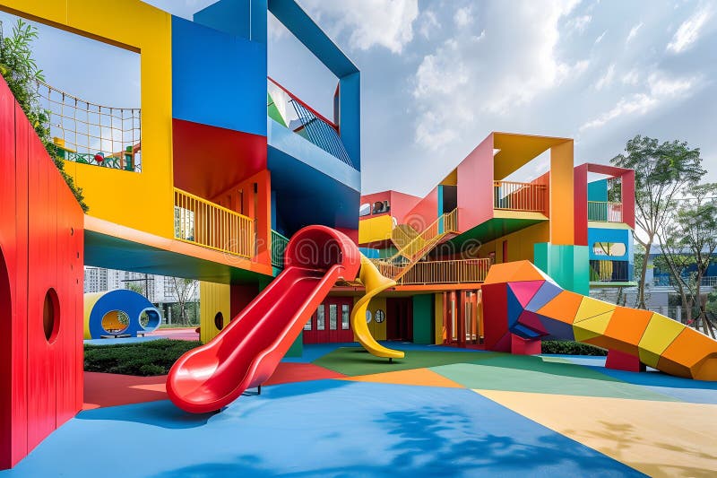Vibrant Playground at the Geometric School Building Offering Dynamic ...