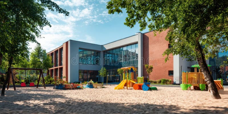 The Vibrant Playground and Modern School Building in a Sunny ...