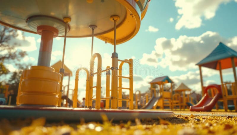 Vibrant Playground Scene with Carousel and Play Structures on a Sunny ...