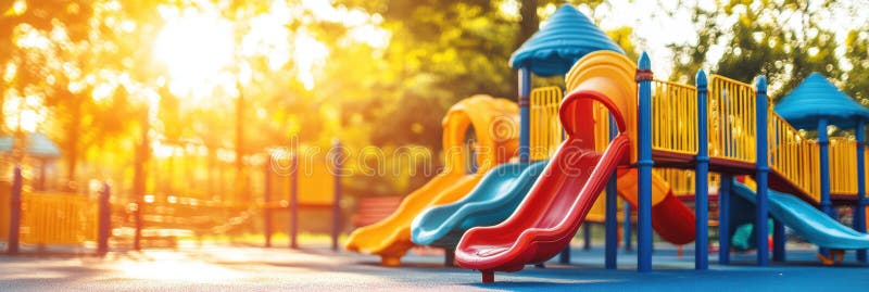 Vibrant Playground Structures Surrounded Trees Sunny Park Setting Stock ...