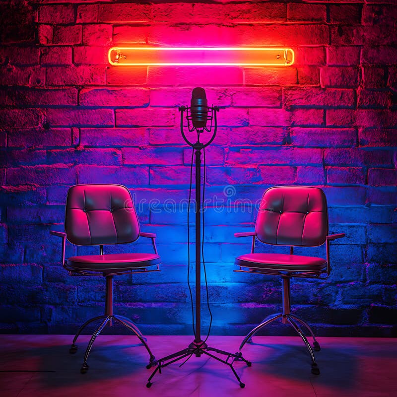 A Vibrant Podcast Show Backdrop Featuring Neon Light, Microphone, and ...