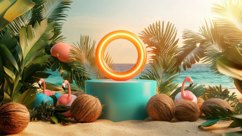 Vibrant Podium Surrounded by Tropical Plants and Beach Elements Creates ...