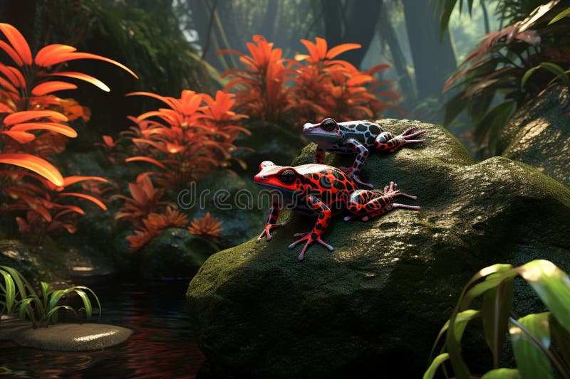 Vibrant Poison Dart Frogs in Tropical Rainforest H Stock Illustration ...