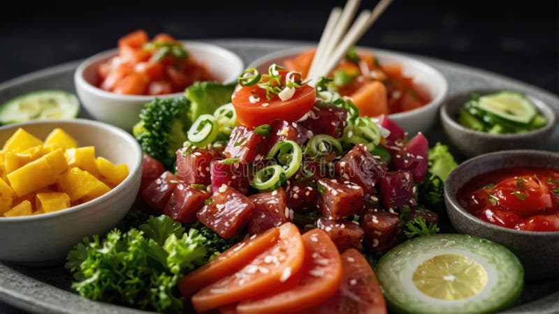 A Vibrant Poke Bowl Featuring Fresh Fish, Vegetables, and Tropical ...