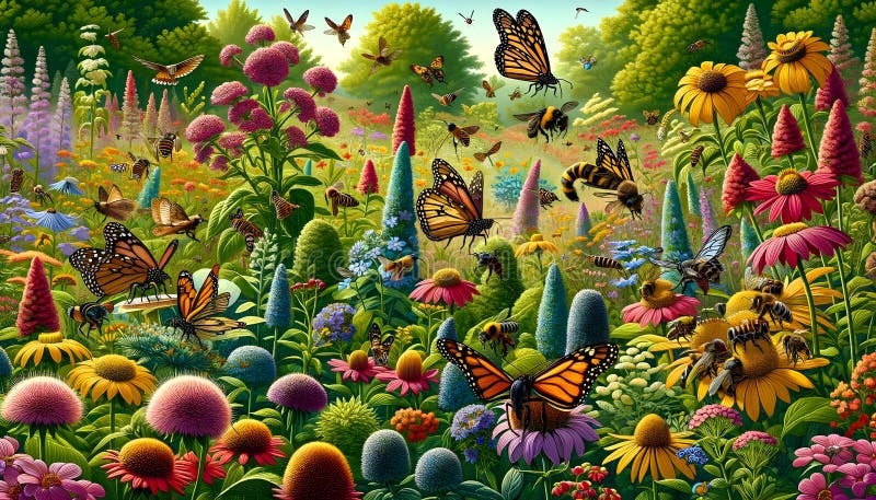 Vibrant Pollinator Garden with Butterflies and Bees Amidst Colorful ...